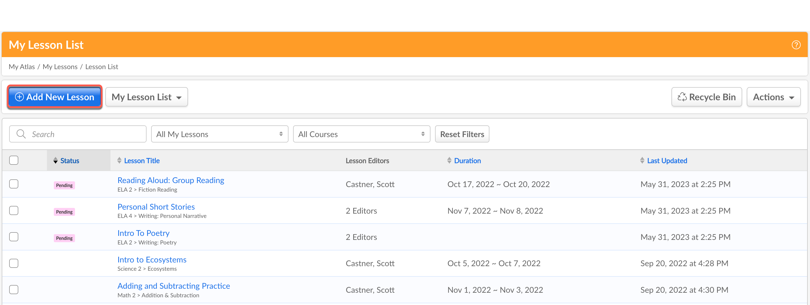 My Lessons – Atlas Help Centre