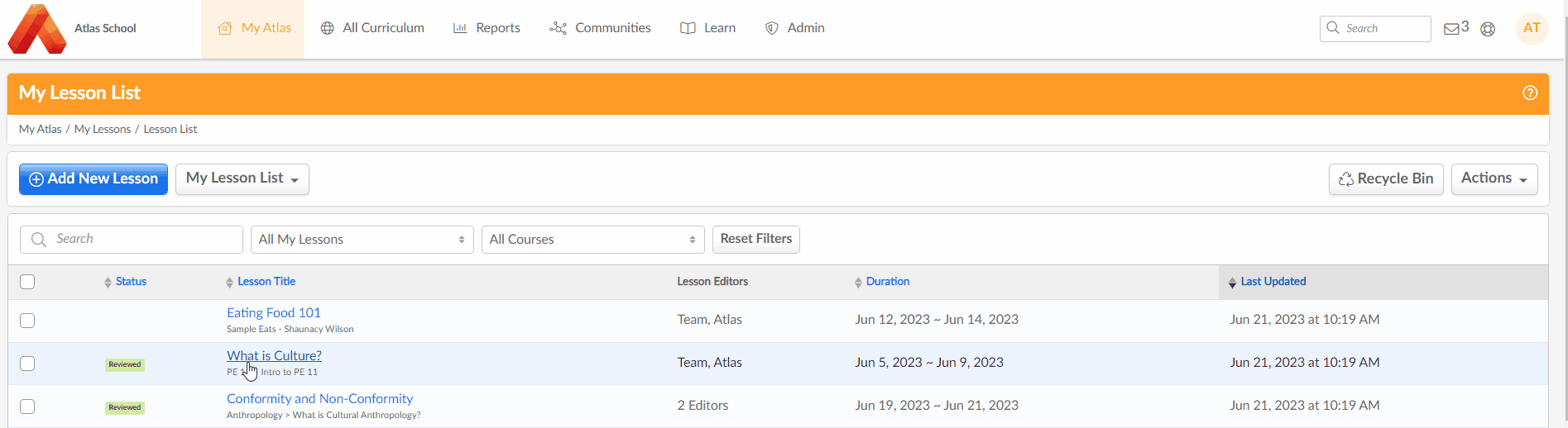 My Lessons – Atlas Help Centre